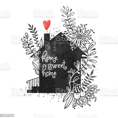 손으로 그린된 타이 포 그래피 포스터입니다 텍스트 홈 스위트 홈 마음 꽃 요소 검은 집 실루엣 벡터 일러스트 빈티지 카드 집과 꽃 예술에 대한 스톡 벡터 아트 및 기타