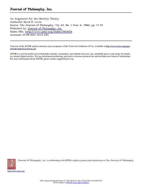 An Arguement For The Indentity Theory Journal Of Philosophy Inc An Argument For The Identity