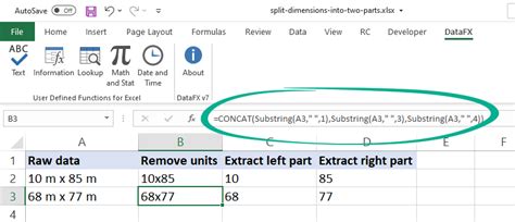 split dimensions into two parts excel formula examples