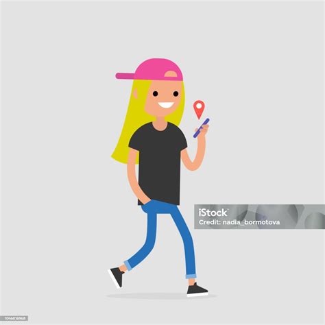 탐색 응용 프로그램 도시 생활양식입니다 새로운 기술입니다 빨간 지리적 위치 핀 스마트폰 들고 젊은 여성 캐릭터 평면 편집 가능한 벡터 일러스트 레이 션 클립 아트 Z세대에