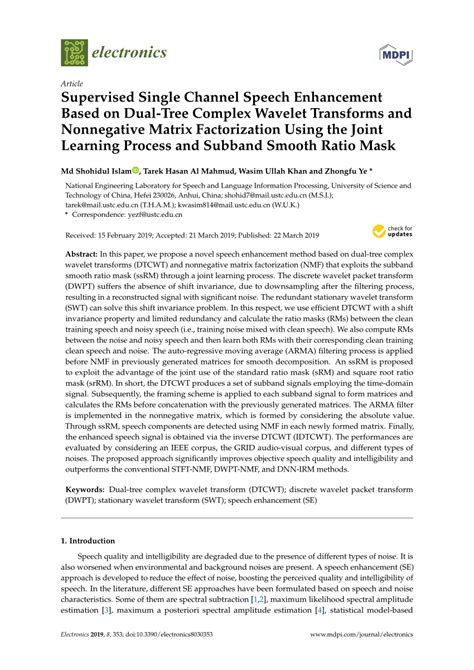 PDF Supervised Single Channel Speech Enhancement Based On Dual Tree Complex Wavelet Transforms