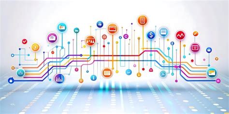 Flat Glossy Background With Abstract Flowing Data Streams And Business Icons Concept As A Glossy