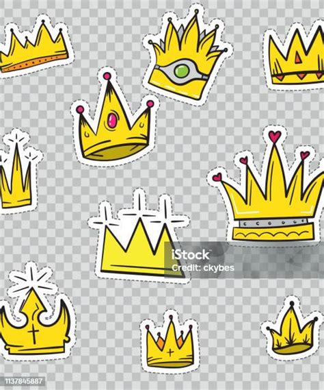 왕관과 함께 헝겊 패치 벡터 일러스트 레이 션에 고립 된 투명 한 배경입니다 만화 80 S90의 만화 스타일에 스티커 핀 패치의 팩을 설정 합니다 낙서 드로잉에 대한 스톡