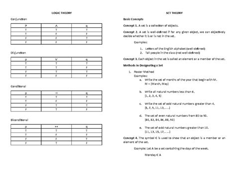 Logic And Set Theory Handout Logic Theory Conjunction P ∧ Q T T T T F