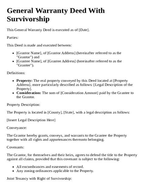 General Warranty Deed With Survivorship Template Blank Fillable