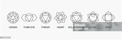 명명 라인 아이콘 세트가있는 일곱 차크라 아유르베다와 힌두교에서 사용되는 신체의 에너지 센터 요가 불교의 상징 벡터 일러스트