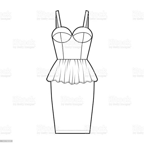 어깨 끈 컵 몸에 맞는 무릎 길이 스커트 의류페플럼 뷔스티에 드레스 기술 패션 일러스트 0명에 대한 스톡 벡터 아트 및 기타