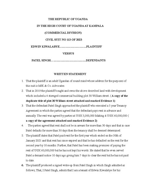 Written Statement 2 The Republic Of Uganda In The High Court Of