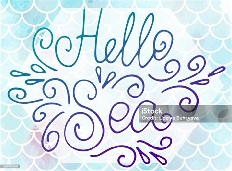 레터링 푸른 인어 비늘에 안녕 바다 수채화 물고기 비늘 벡터 일러스트 레이 션 섬유 포스터 인사말 카드 초대장의 인쇄 디자인에 적합합니다 개념에 대한 스톡 벡터 아트 및