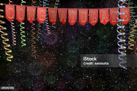 리본 테이프와 단어와 붉은 깃발 축 하 밤하늘의 불꽃놀이 배경 골드 밧줄 3 차원 일러스트 레이 션 공휴일에 대한 스톡 사진 및 기타 이미지 Istock