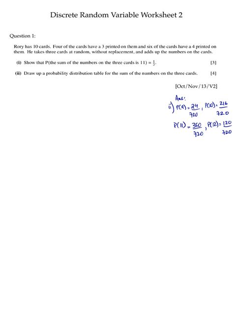 Discrete Random Variable Worksheet 2 Pdf