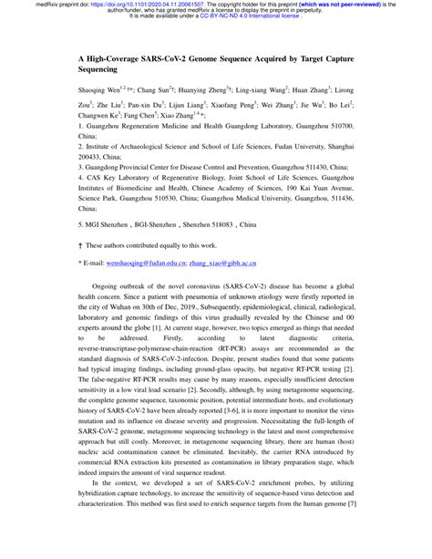 Pdf A High Coverage Sars Cov 2 Genome Sequence Acquired By Target