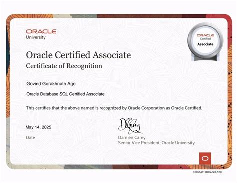 Oraclesql Certification Datamanagement Sql Database Govind Age 24 Comments