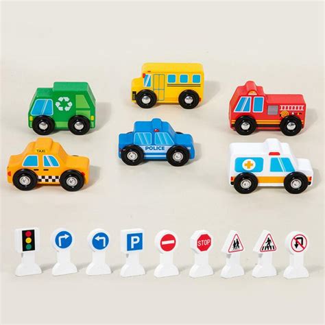 차량 및 교통 표지판 소형 차량 장난감 나무 차량 모델 유치원 자동차 세트 어린이용 나무 도로 교통 표지판 세트 플레이