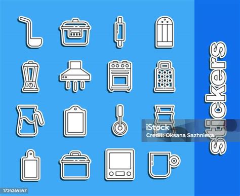 세트 라인 커피 컵 터크 강판 롤링 핀 주방 추출기 팬 블렌더 국자 및 오븐 아이콘 벡터 기체 물리 구조에 대한 스톡 벡터 아트 및 기타 이미지 Istock