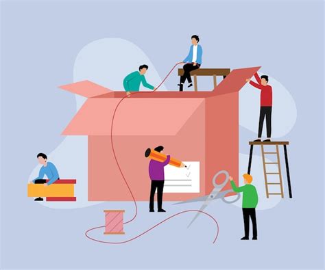 거대한 상자 2d 평면 터 일러스트레이션에서 함께 일하는 사람들의 그룹 프리미엄 벡터