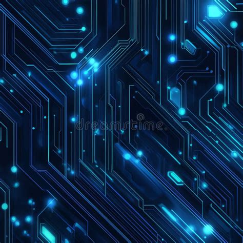 futuristic blue circuit board with glowing lights in dark technology