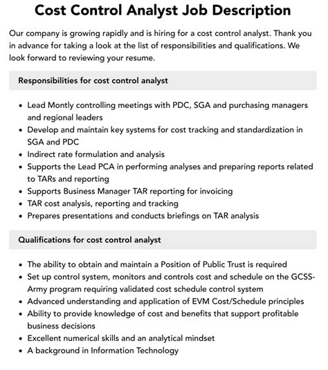 Cost Control Analyst Job Description Velvet Jobs
