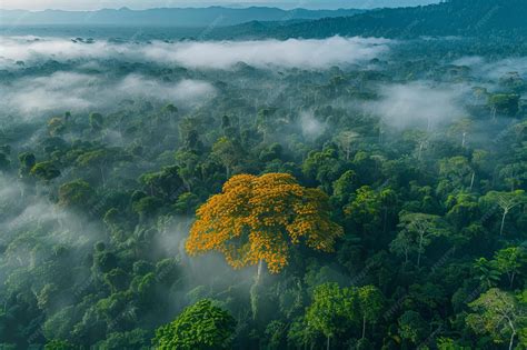 Digital Image Of Aerial View Of The Amazon Rainforest Canopy With Mist Rising From The Forest