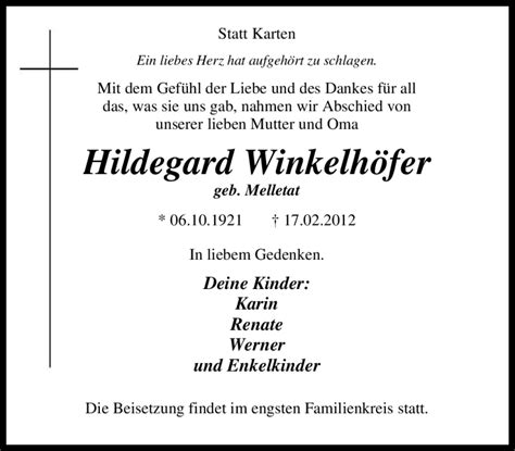 Traueranzeigen Von Hildegard Winkelhöfer Trauer In Nrw De