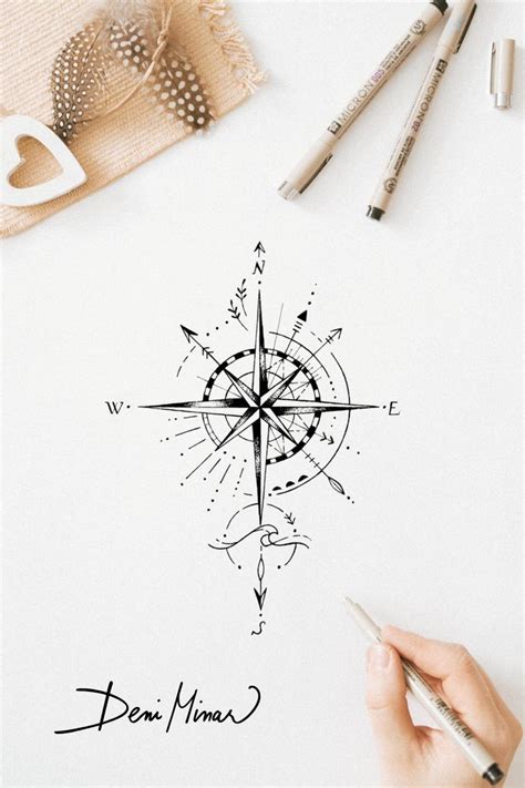 Travel Tattoo Idea Custom Line Drawing With Compass And Wave By Deni