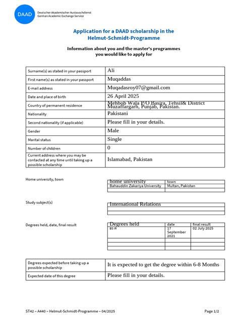 Daad Helmut Schmidt Programme Application Form Pdf