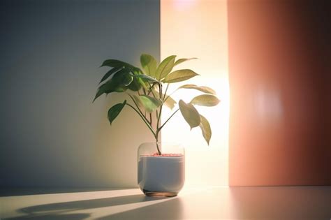 A Plant In A Glass Vase With A Light On The Wall Premium Ai Generated