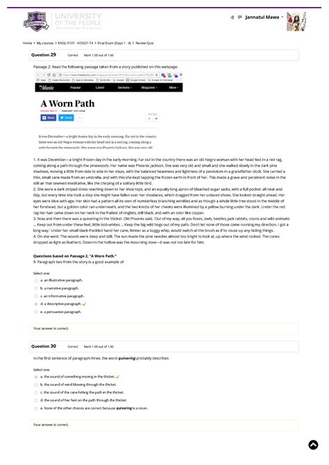 Review Quiz Attempt Review Page 3 Of 6 Question 29 Correct Mark 1 Out Of 1 Passage 2 Read