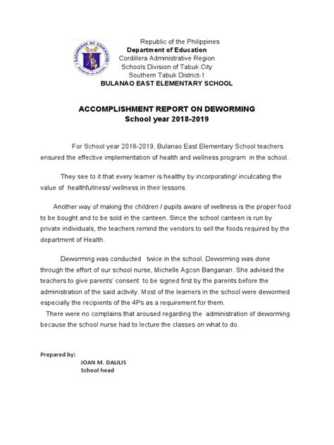 Accomplishment Report On Deworming And Immunization Pdf