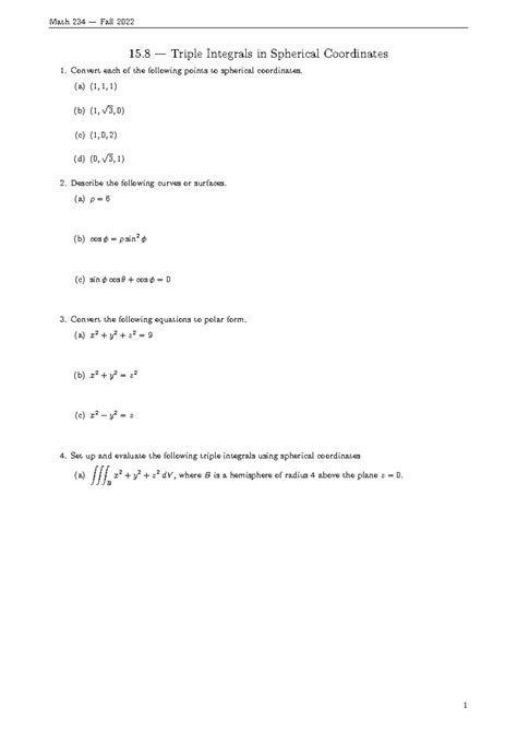 Worksheet 15 Math 234 — Fall 2022 15 — Triple Integrals In Spherical