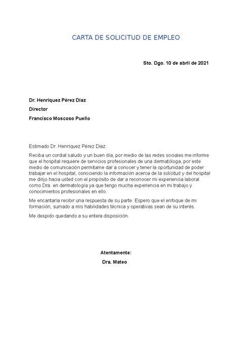 Ejemplo De Carta De Solicitud De Empleo