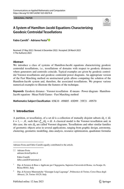 Pdf A System Of Hamilton Jacobi Equations Characterizing Geodesic Centroidal Tessellations