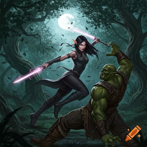 A Female Elf Ninja With Glowing Purple Swords Fighting A Green Orc In A