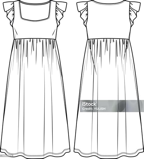 프릴 패션 Cad와 벡터 사각형 목 긴 드레스 짧은 소매 미디 플레어 드레스 기술 도면 플랫 스케치 저지 또는 짠 직물 드레스