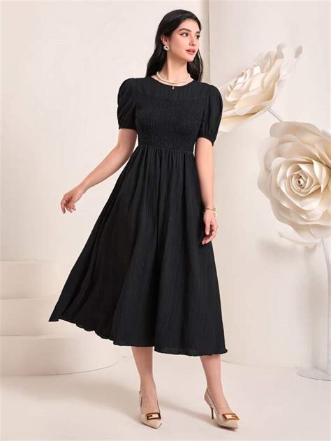 Shein Mulvari Solid Puff Sleeve A Line Dress Shein Usa