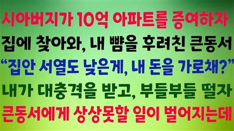 시아버지가 10억 원짜리 아파트를 주자 집에 찾아온 큰동서가 돈을 요구하며 집안을 난장판으로 만들고 내가 서열이 더 높아라고 외쳤고 그 순간 큰동서에게