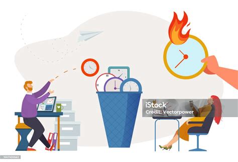 미루는 개념 벡터 삽화 관리자 여성 캐릭터는 작업 사무실에서 시간을 낭비하고 의자에서 자고 노트북 컴퓨터가 있는 책상 태우기에 대한 스톡 벡터 아트 및 기타 이미지 Istock