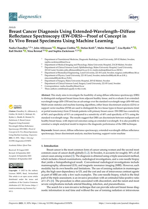 Pdf Breast Cancer Diagnosis Using Extended Wavelength Diffuse Reflectance Spectroscopy Ew Drs