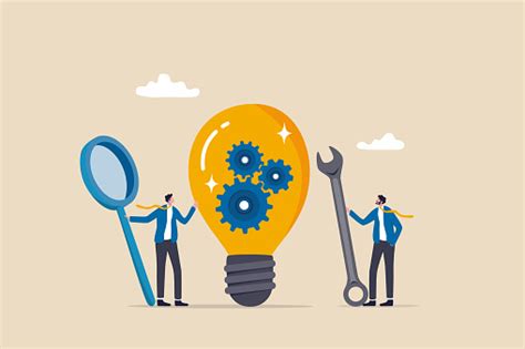 제품 개발 연구 및 신제품 출시를 위한 개발 프로세스 최적화 프로젝트 관리 또는 생산성 개념 톱니바퀴가 달린 전구 아이디어가