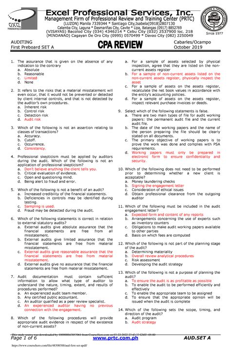 Auditing first set A Problems with answers - Page 1 of 6 prtc.com AUD A AUDITING Cabarles/Ocampo ...