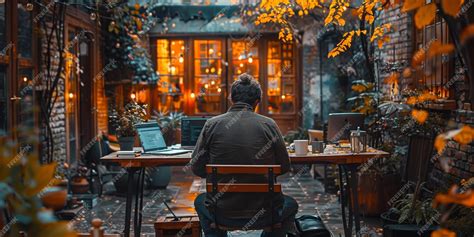 There Is A Man Using A Laptop On A Table Inside A Room Premium Ai Generated Image