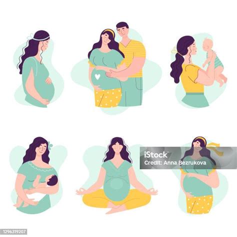 남자와 아기와 아름다운 젊은 임산부의 세트 행복한 모성 가족 사랑의 개념 흰색 배경에 플랫 스타일로 벡터 그림 가족에 대한 스톡