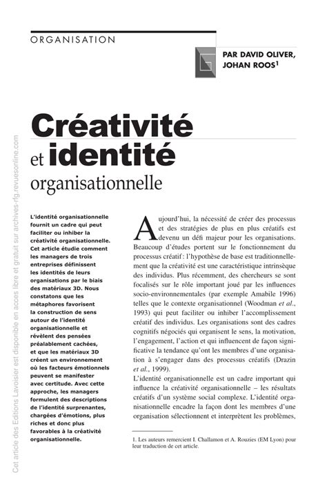 Pdf Créativité Et Identité Organisationnelle