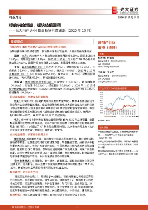 光大地产a H物业板块月度跟踪（2020年10月）：标的供给增加，板块估值回调