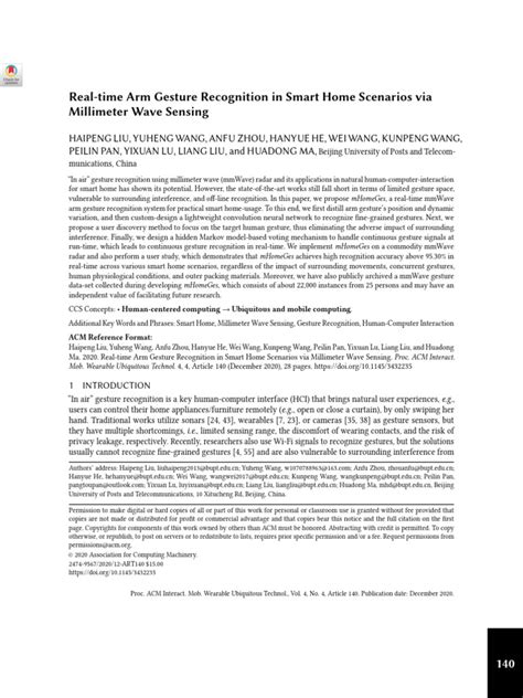 Real Time Arm Gesture Recognition In Smart Home Scenarios Via Millimeter Wave Sensing Pdf