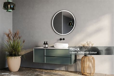 회색 벽 흰색 욕조 녹색 화장대 검은색 거울 세면대 테라조 바닥 창문에서 수영장과 바다의 전망이 있는 현대적인 욕실의 3d 렌더링 0명에 대한 스톡 사진 및 기타 이미지