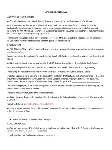 Moving Up Ceremony Script Draft Pdf