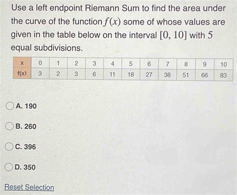 solved use a left endpoint riemann sum to find the area under the