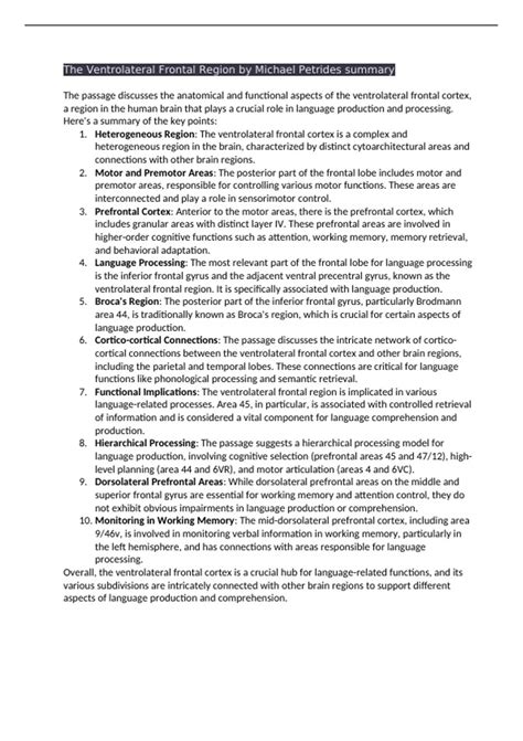 The Ventrolateral Frontal Region By Michael Petrides Summary Stuvia