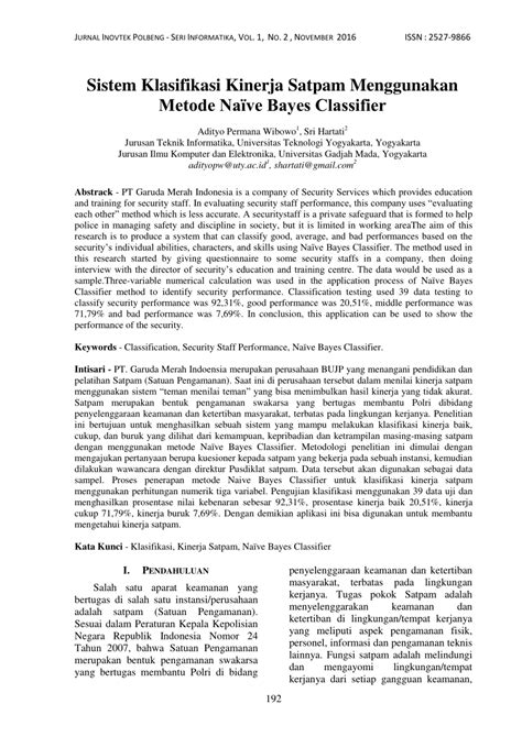 Pdf Sistem Klasifikasi Kinerja Satpam Menggunakan Metode Naїve Bayes